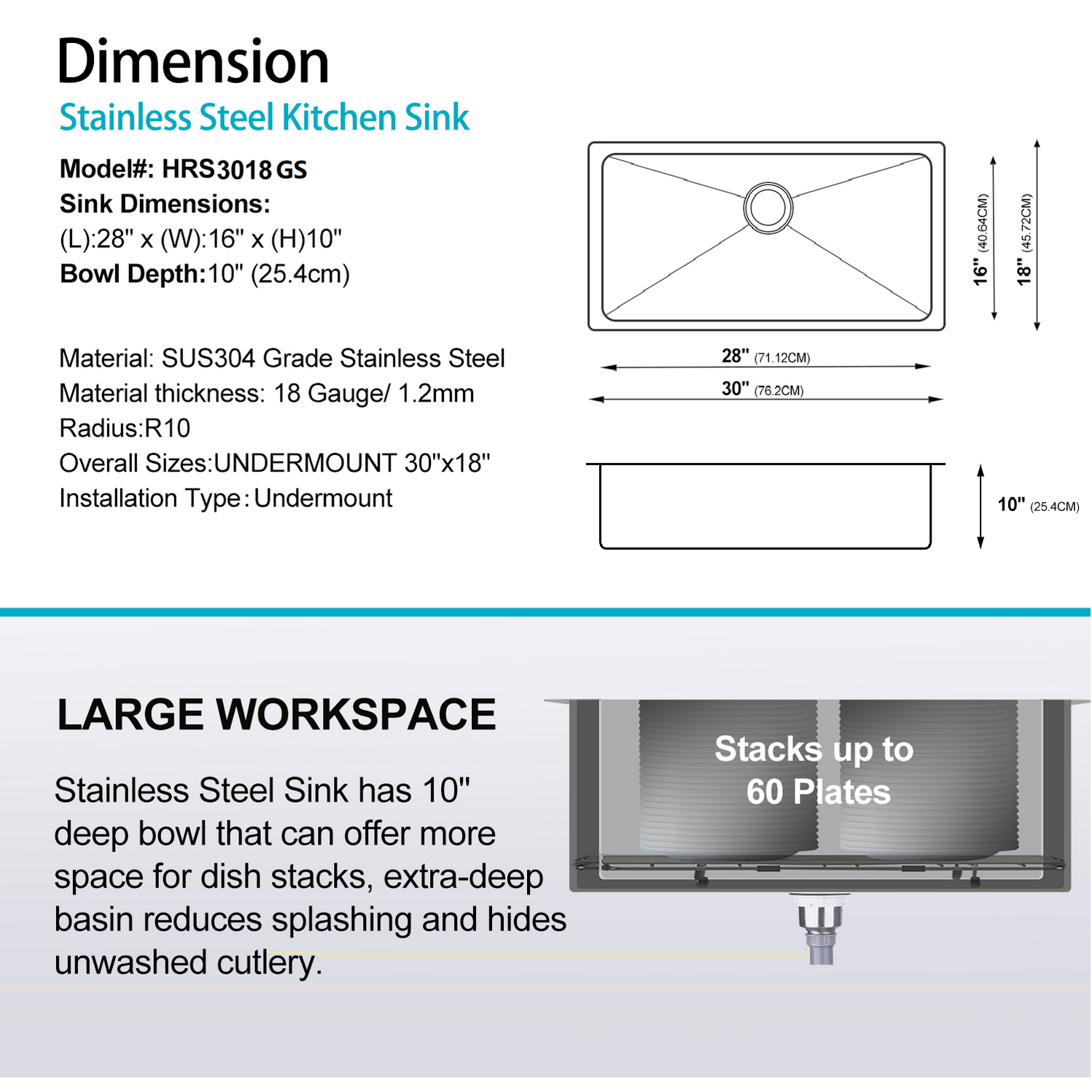 30"x18"x10" Undermount Farmhouse Apron Single Bowl Kitchen Sink SUS304 ...